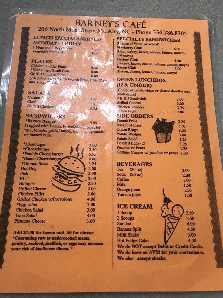 Menu at Barney's Cafe, Mount Airy
