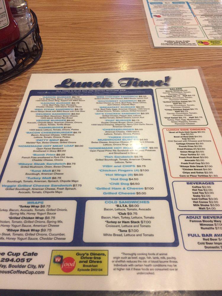 Menu at The Coffee Cup Cafe, Boulder City