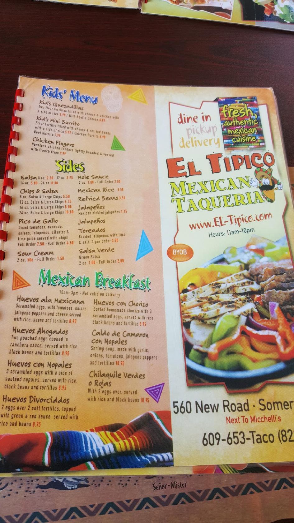Menu at El Tipico restaurant, Somers Point