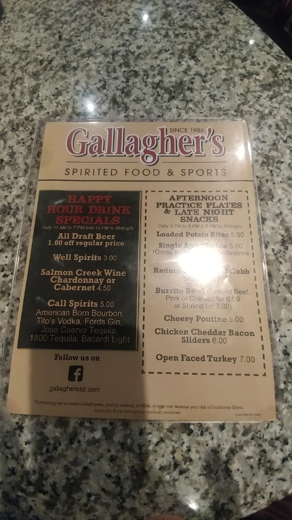 Menu at Gallagher's Sports Grill pub & bar, Phoenix, N 16th St