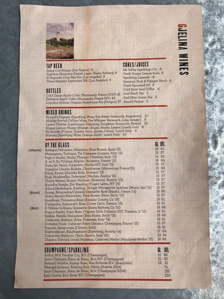 Menu at Gjelina restaurant, Culver City, Abbot Kinney Blvd