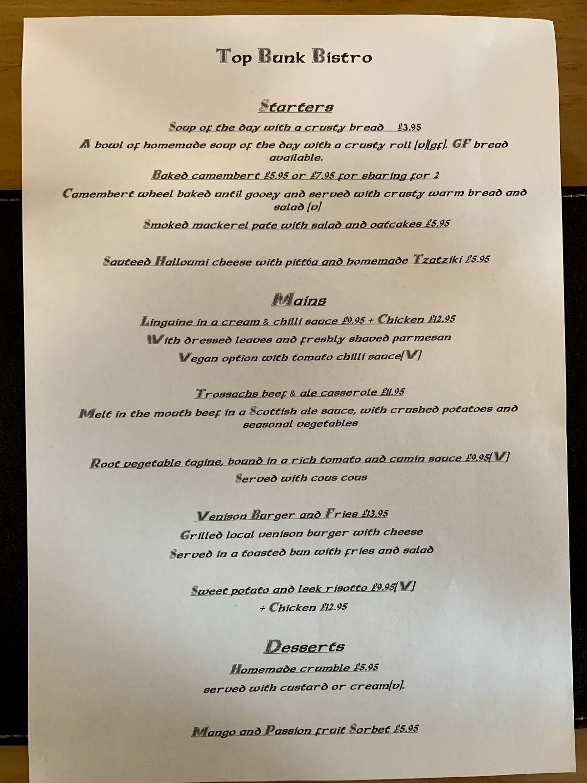 Menu at Inversnaid Bunkhouse & Top Bunk Bistro pub & bar, Inversnaid