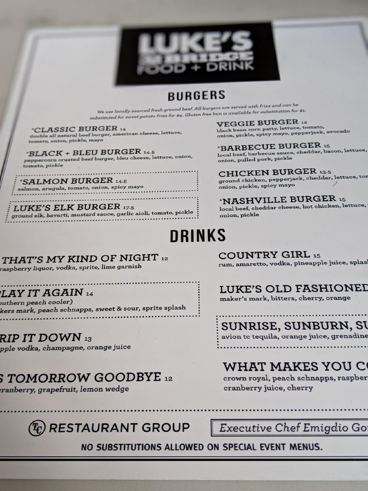 Menu at Luke's 32 Bridge restaurant, Nashville