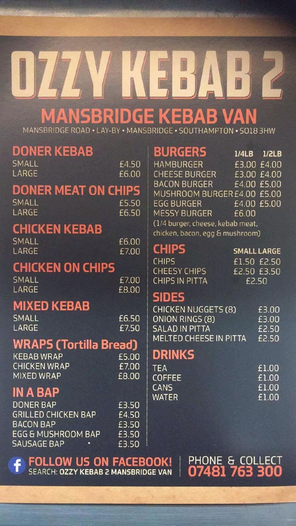 Menu at Ozzy Kebab 2 Van MANSBRIDGE fast food, Southampton