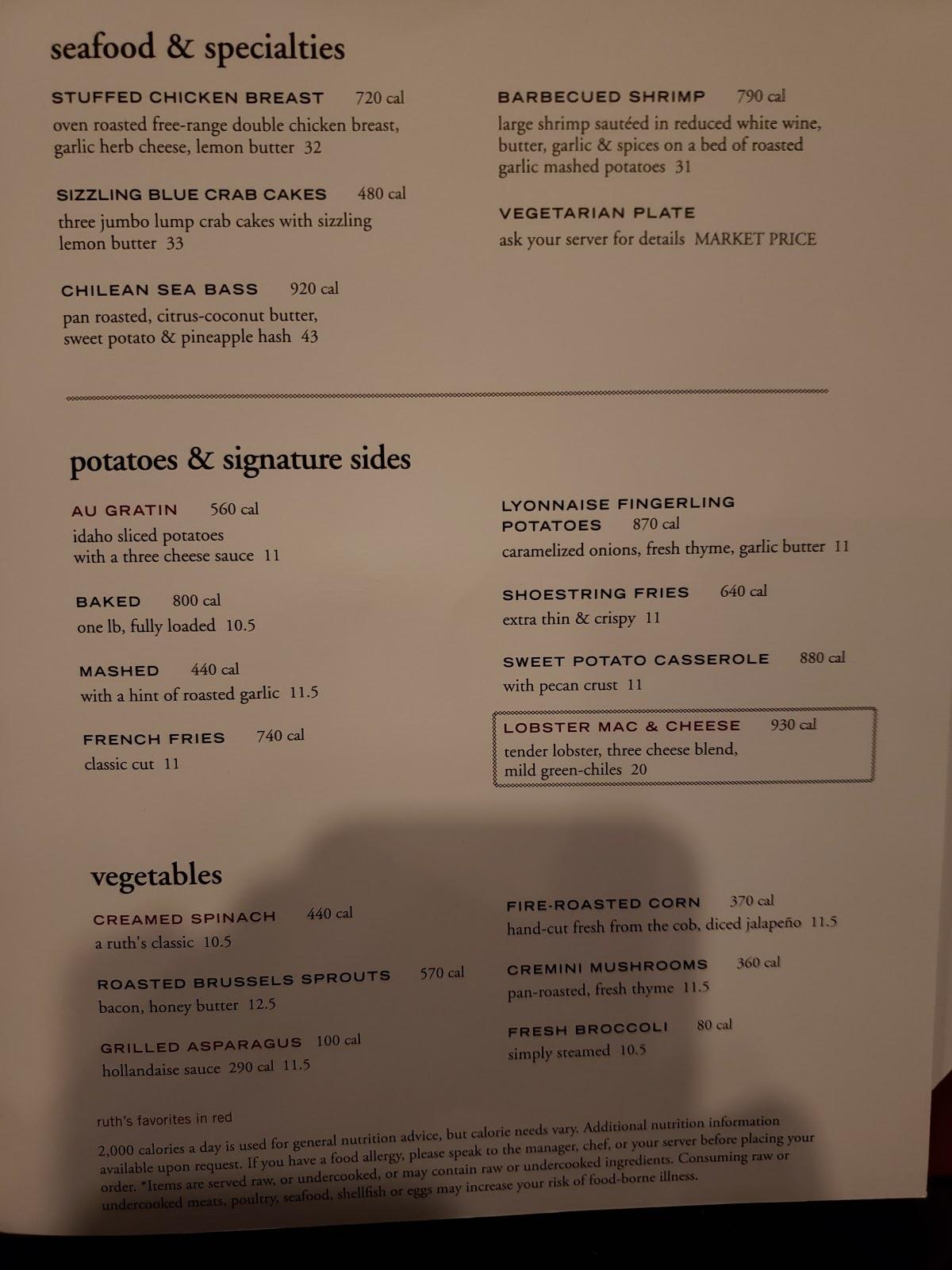 Menu at Ruth's Chris Steak House pub & bar, Tulsa, Riverside Pkwy