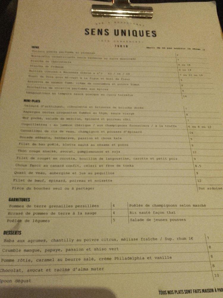 Menu at Sens Uniques pub & bar, Paris, 44 Rue Damrémont