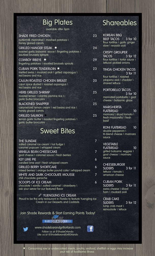 Menu at Shade pub & bar, Orlando