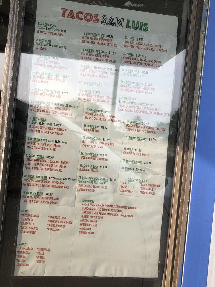 Menu at Tacos San Luis restaurant, New Iberia