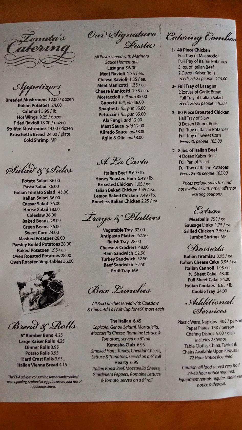 Menu at Tenuta's Italian Restaurant, Kenosha
