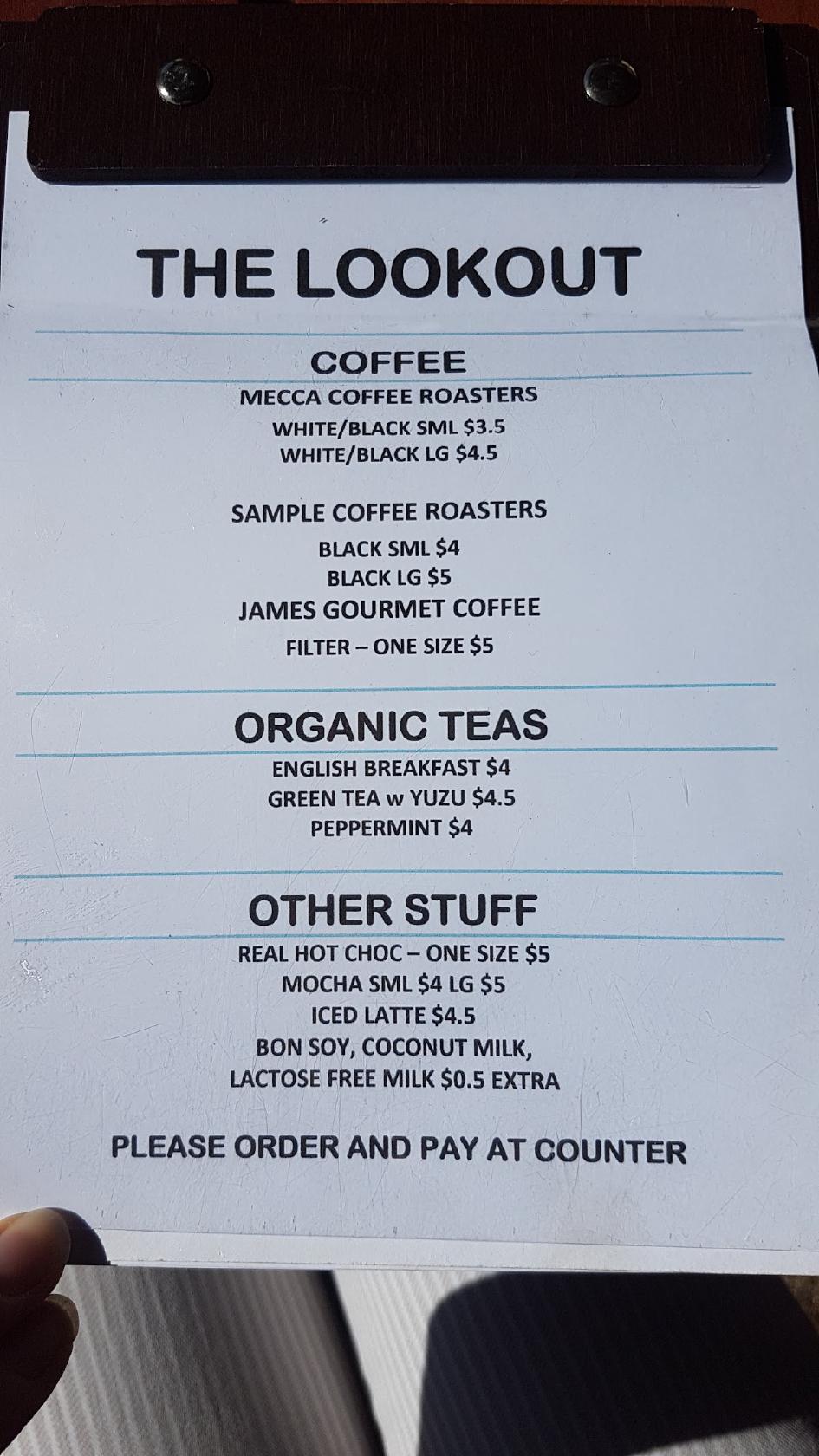 Menu at The Lookout cafe, Elizabeth Bay