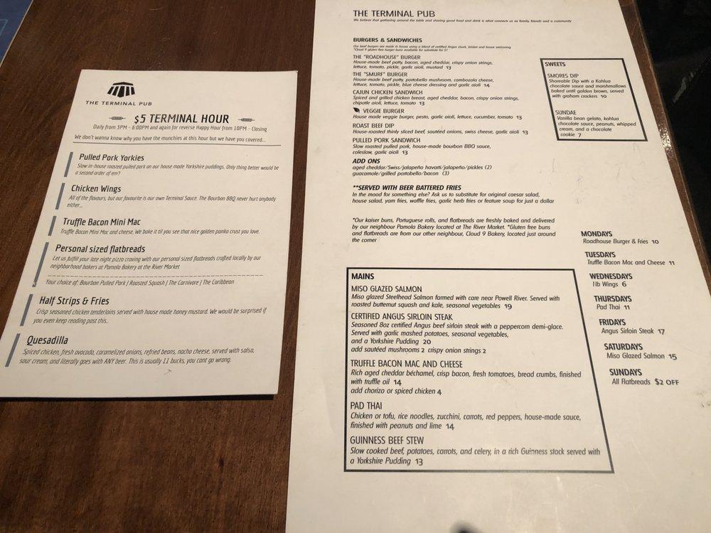 Menu at The Terminal Pub, New Westminster