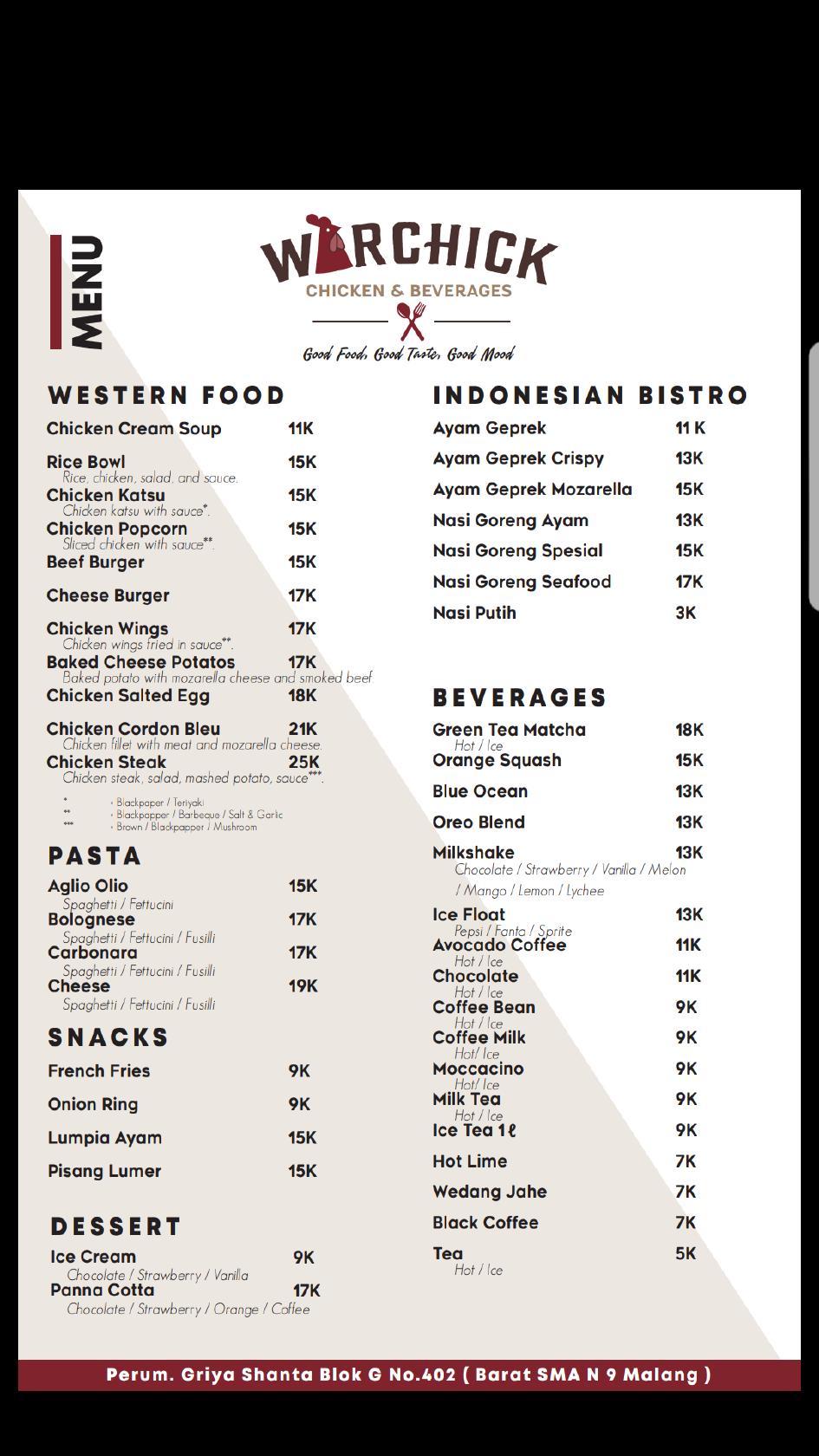 Menu at Warchick (Warung Chicken) Malang restaurant, Malang