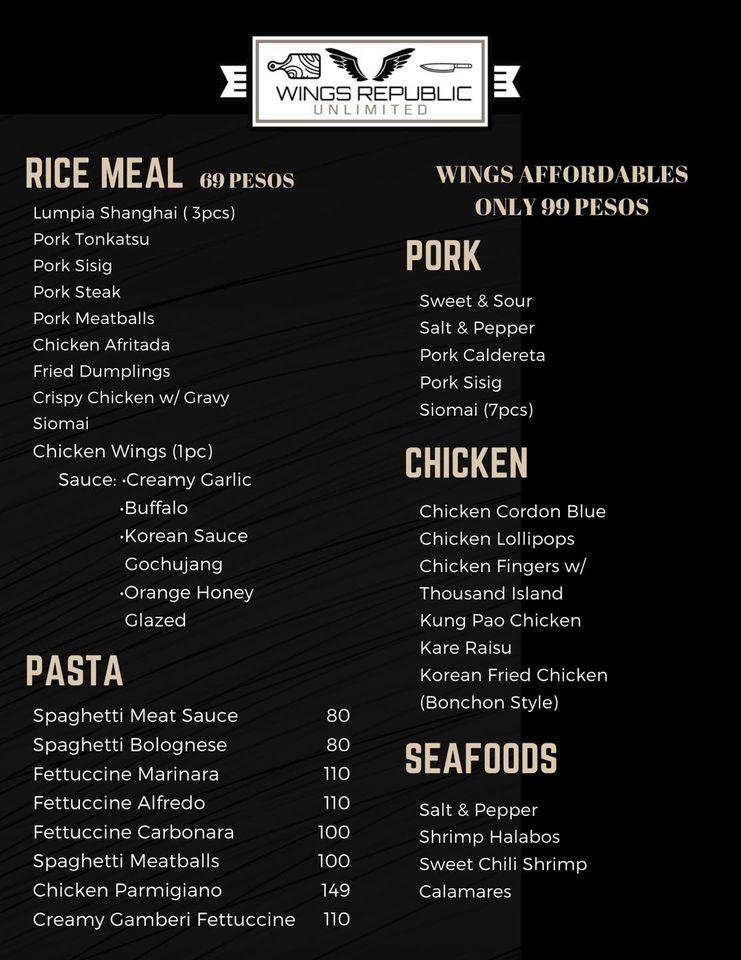 Menu at Wings Restaurant, Maasin City
