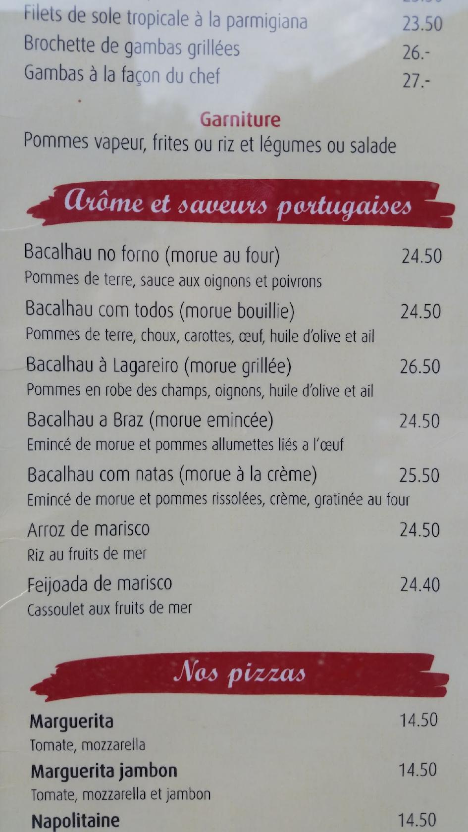 Menu da Auberge du Cheval Blanc, Servion