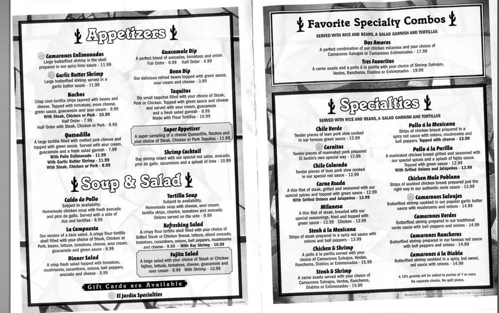 Carta del pub y bar El Jardín, Manteca
