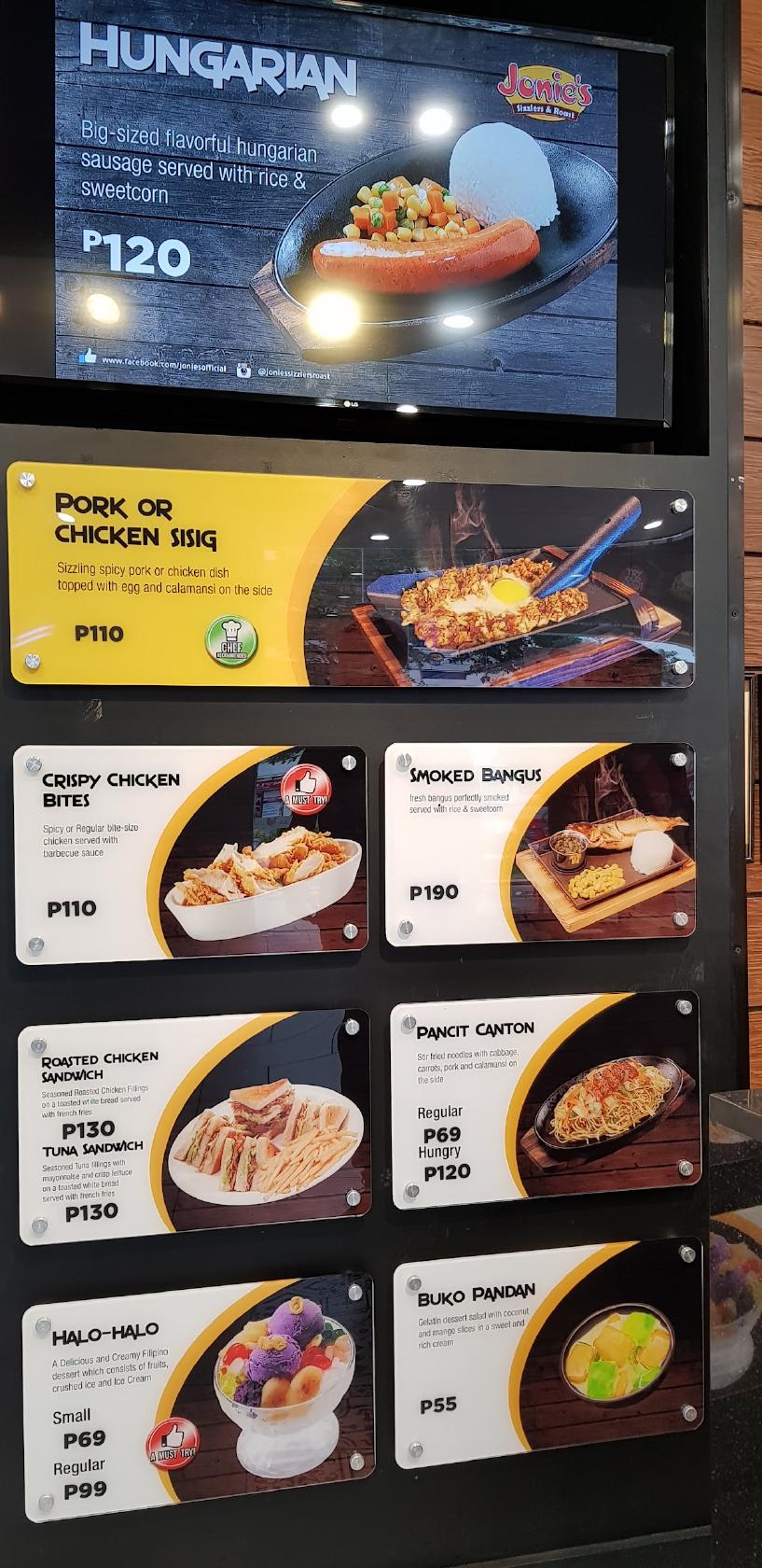 Carta del restaurante Jonie's Sizzlers & Roast, Danao