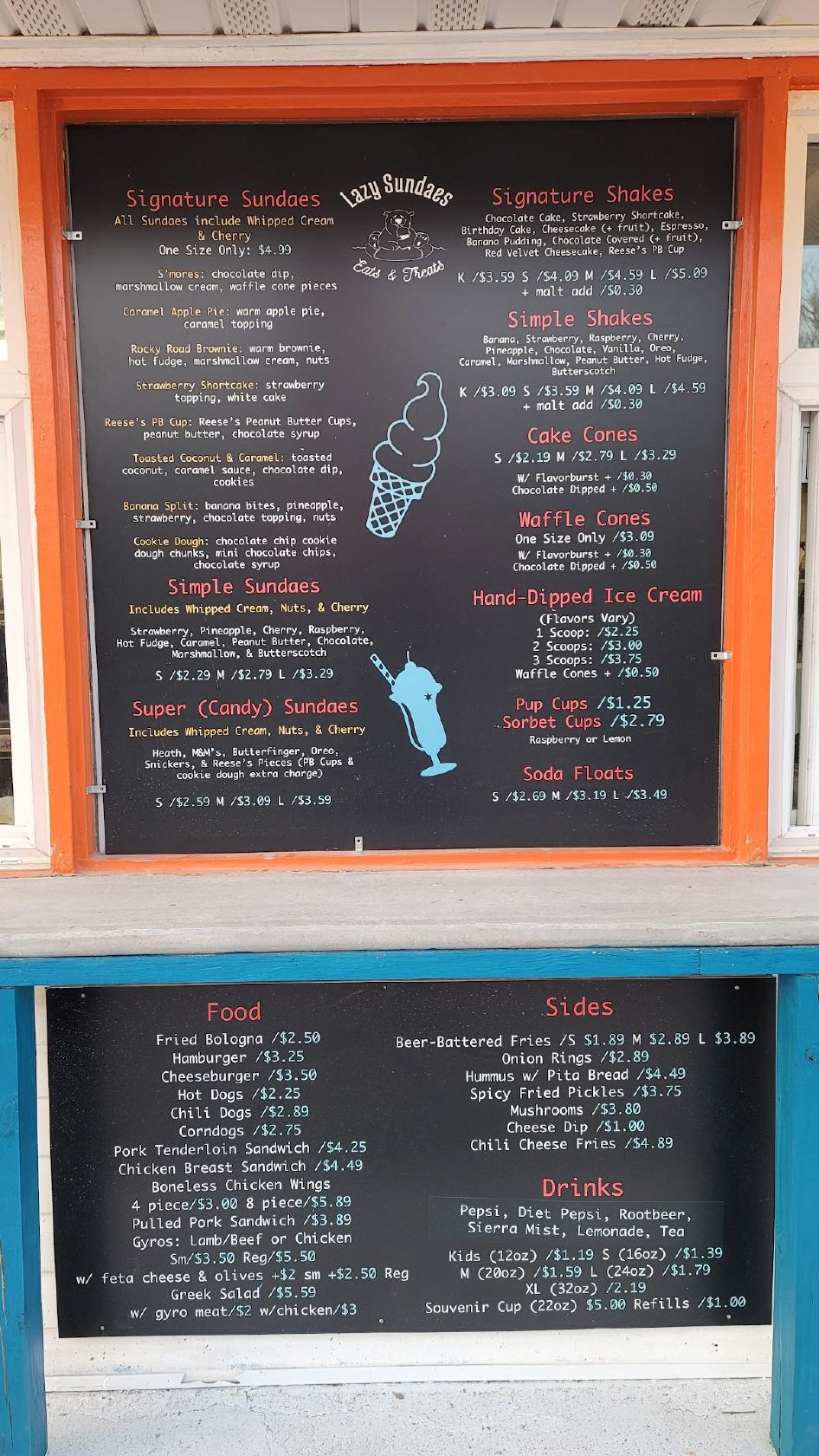 Menu at Lazy Sundaes restaurant, Georgetown