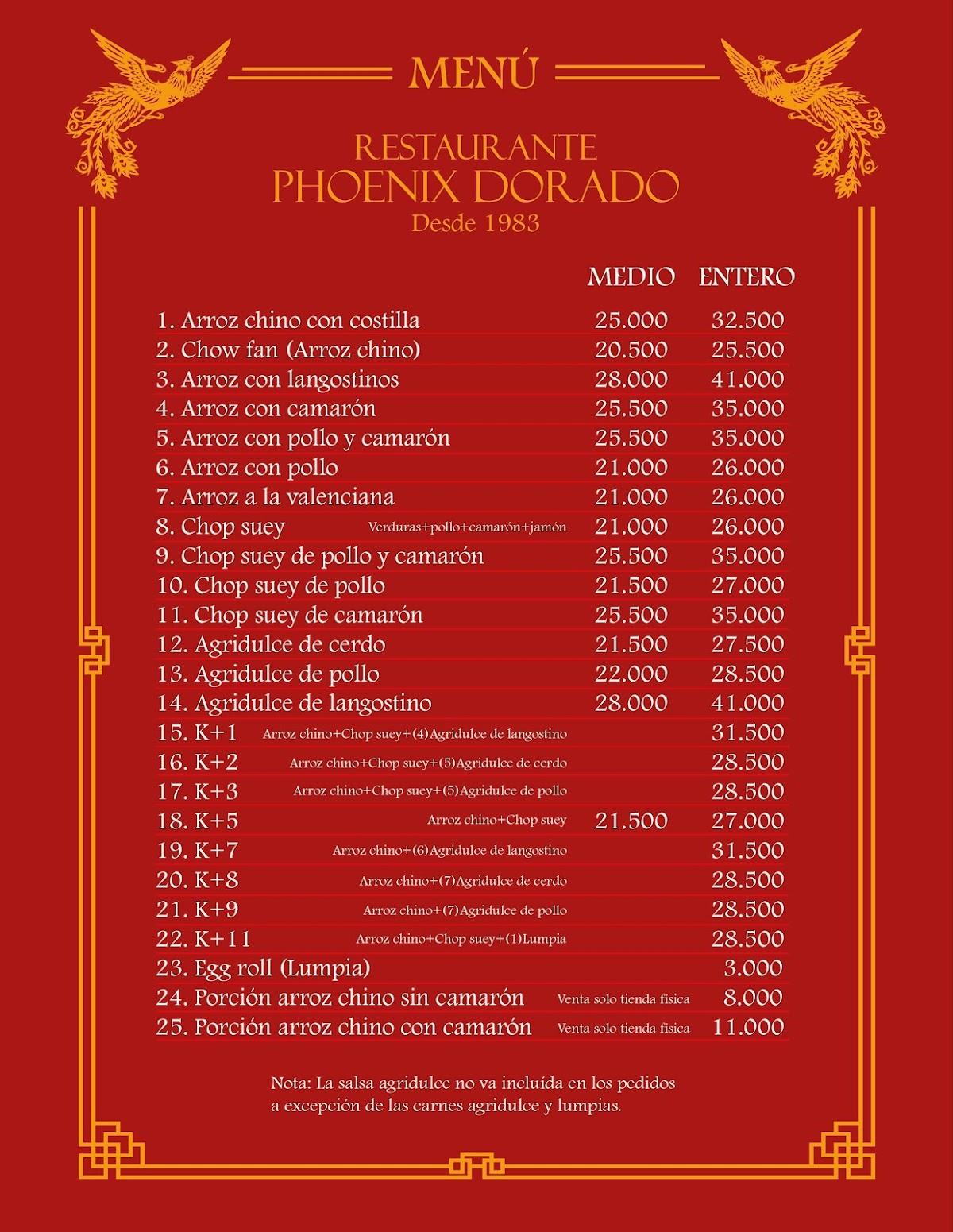 Menu at Restaurante Phoenix Dorado Buga est.1983, Buga