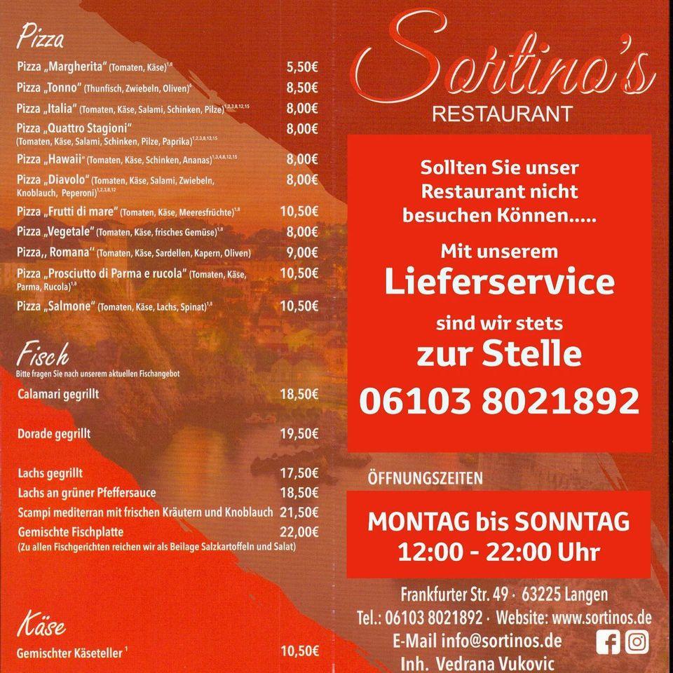 Menu at Sortino's restaurant, Langen