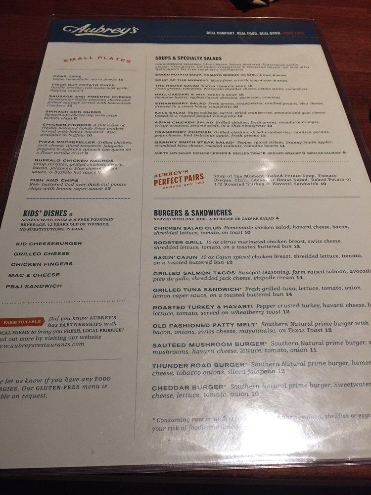 Menu at Aubrey's restaurant, Knoxville
