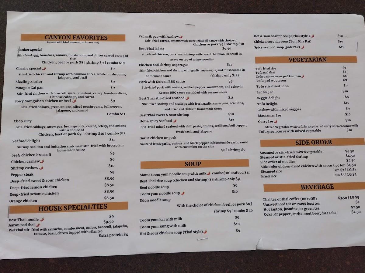 Menu at Best Thai Restaurant, Canyon