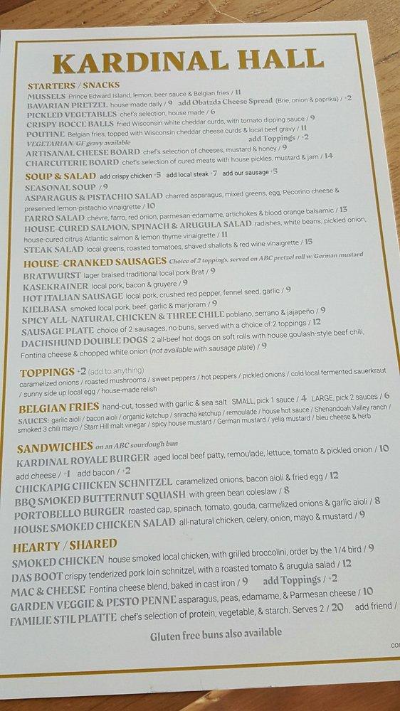 Menu at Kardinal Hall pub & bar, Charlottesville