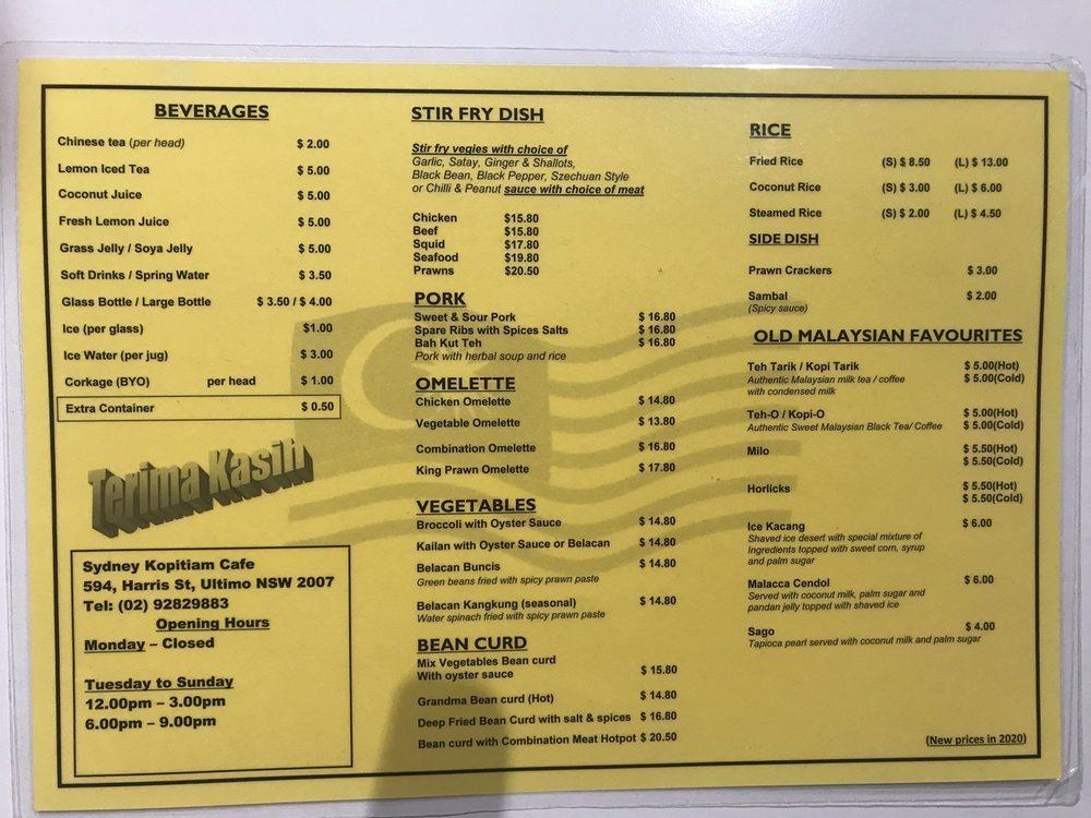 Menu at Kopitiam Cafe, Ultimo