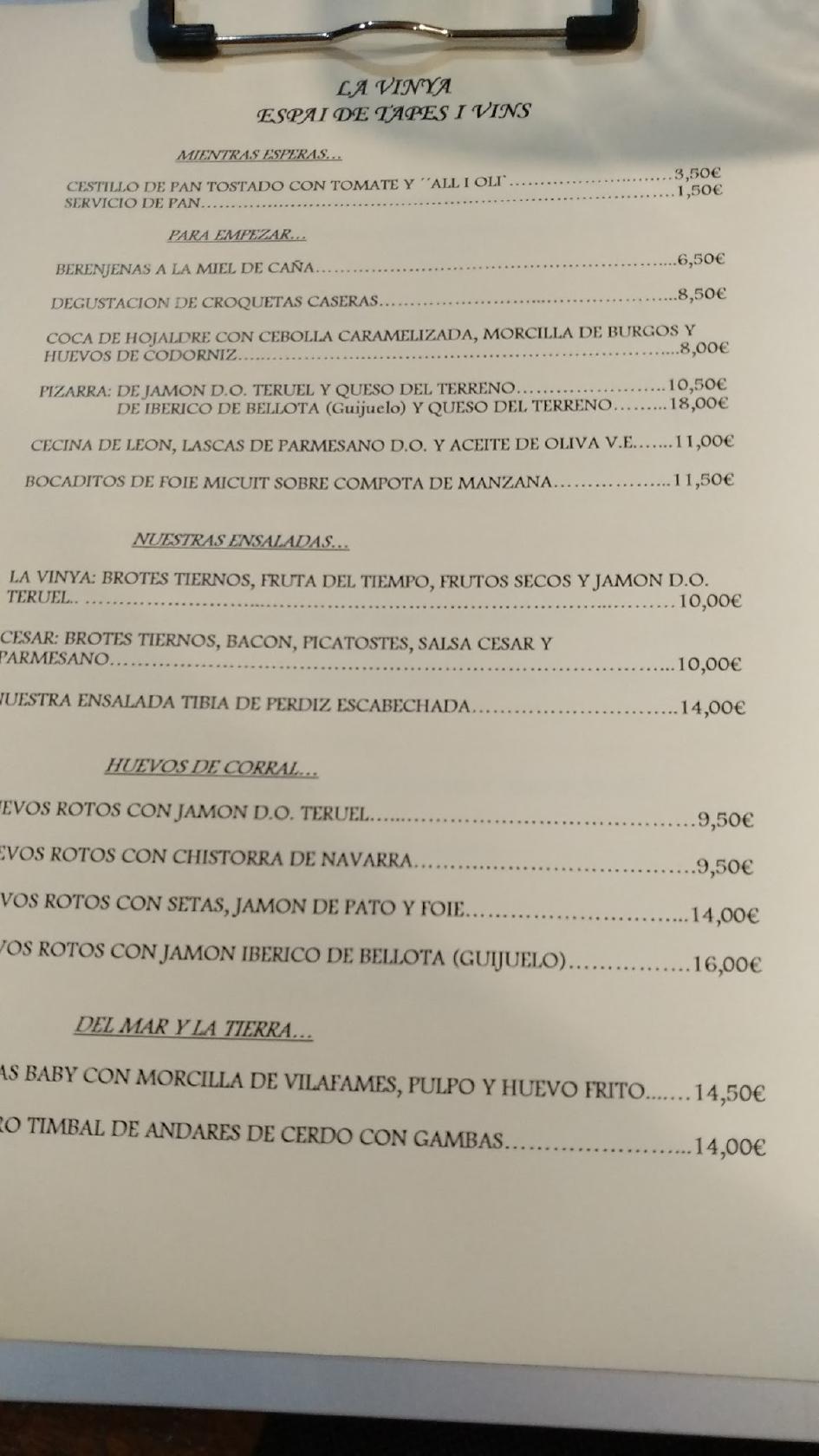 Carta del restaurante La Vinya, Villafamés