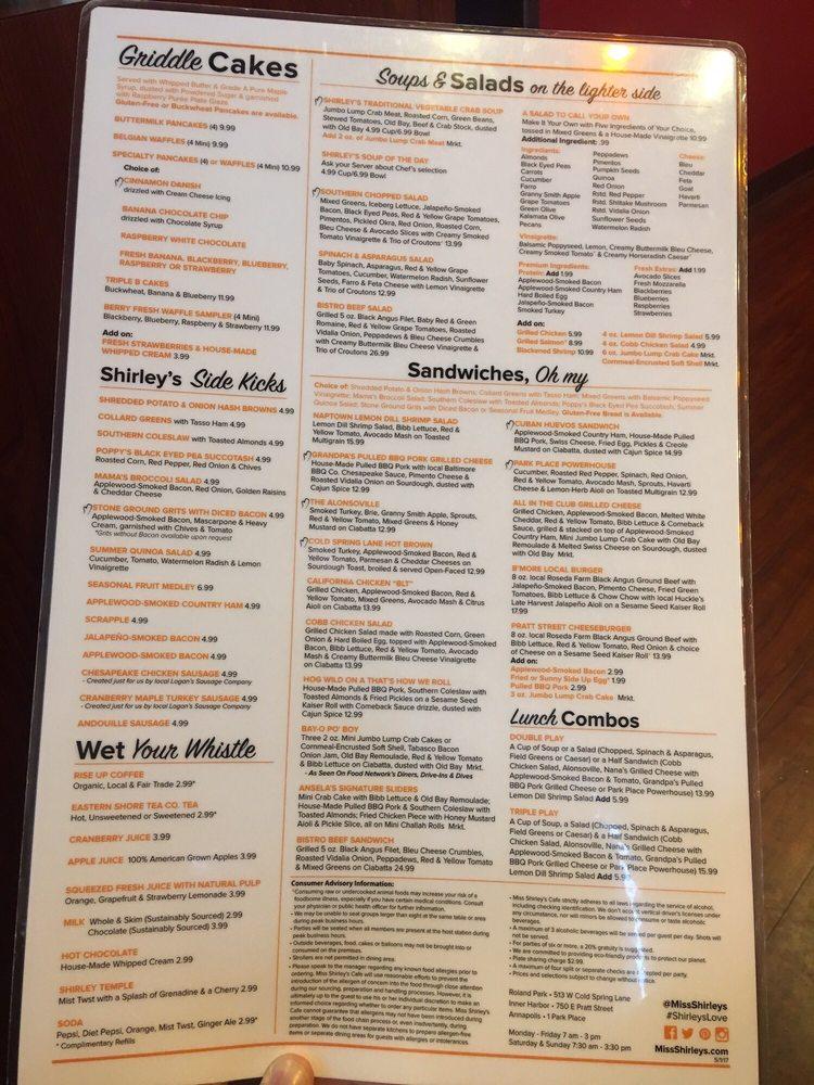 Menu at Miss Shirley's Cafe, Baltimore