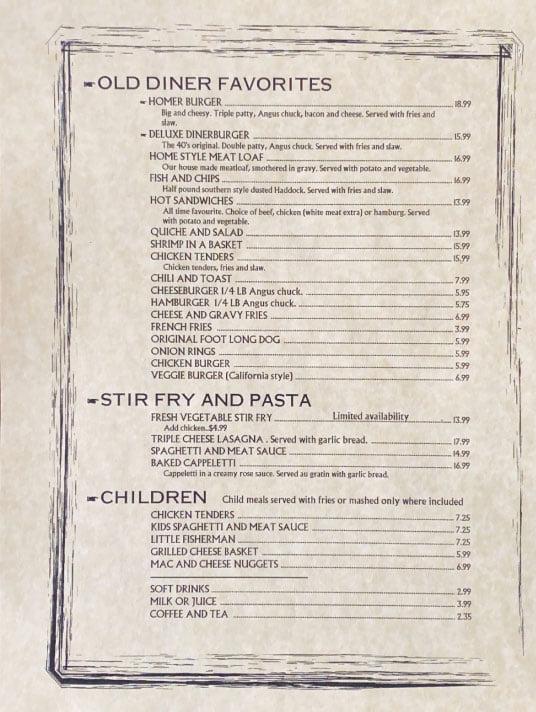 Menu at New Sarum Diner restaurant, Canada