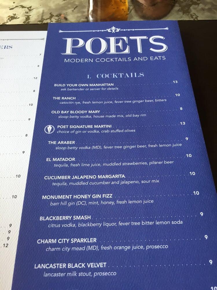 Menu at Poets Modern Cocktails & Eats pub & bar, Baltimore