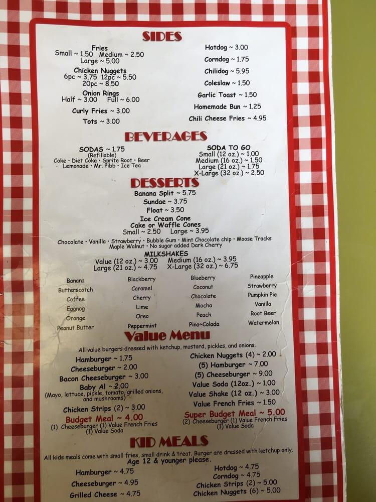 Menu at Poppa Al's Famous Hamburgers restaurant, Mill City