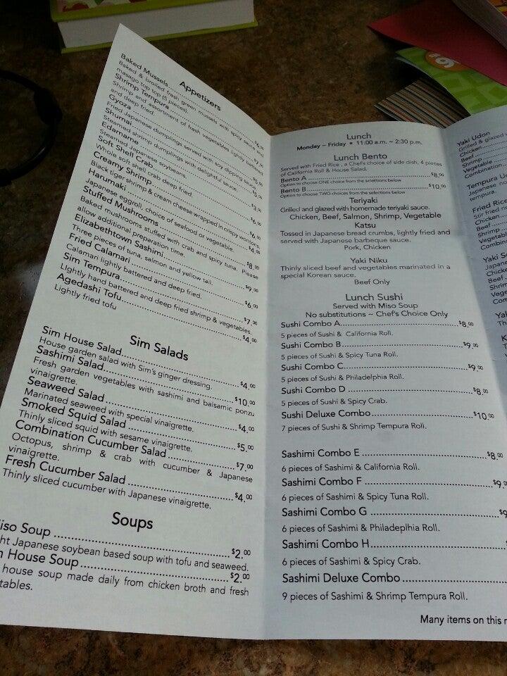 Menu at Sim Sushi & Steak restaurant, Elizabethtown