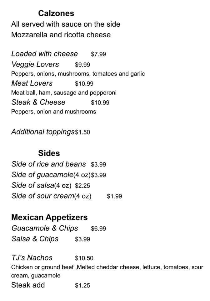 Menu at TJ's Pizza pizzeria, Greenville