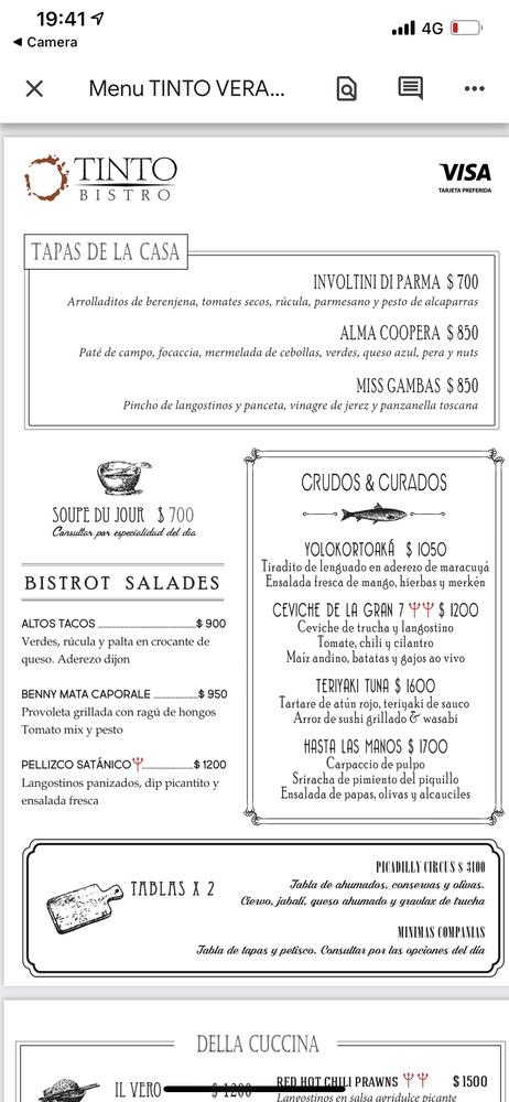 Menu at Tinto Bistro restaurant, Villa La Angostura, Av. Arrayanes 305