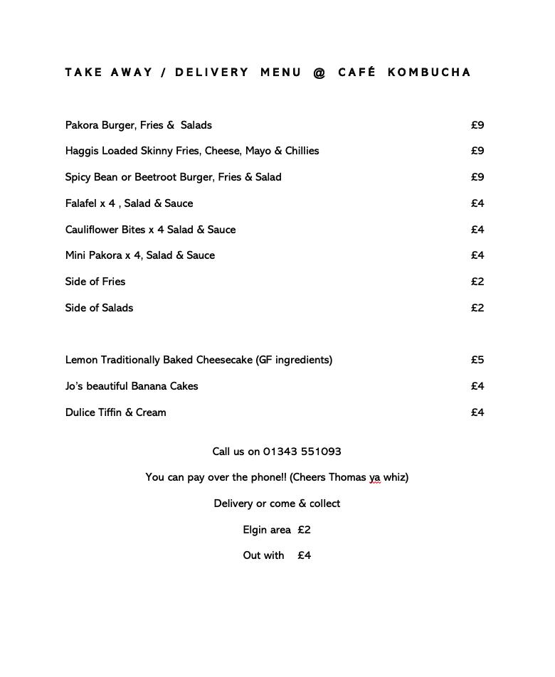 Menu at Café Kombucha cafe, Elgin