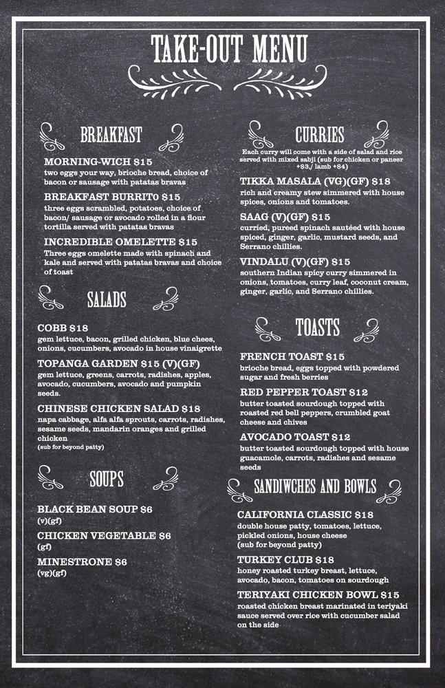 Menu at Cafe on 27, Topanga