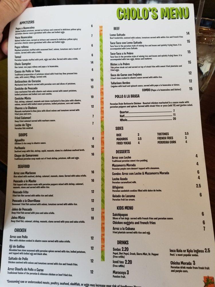 Menu at Cholo's Peruvian Restaurant, Virginia Beach