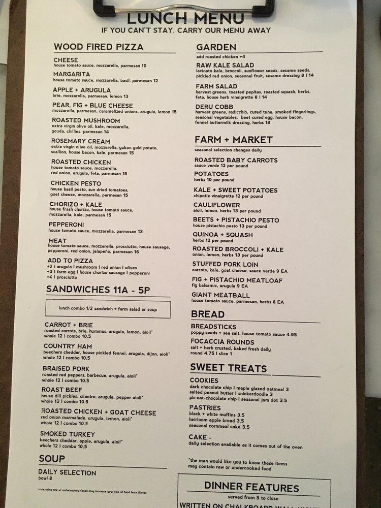 Menu at DERU pizzeria, Kirkland