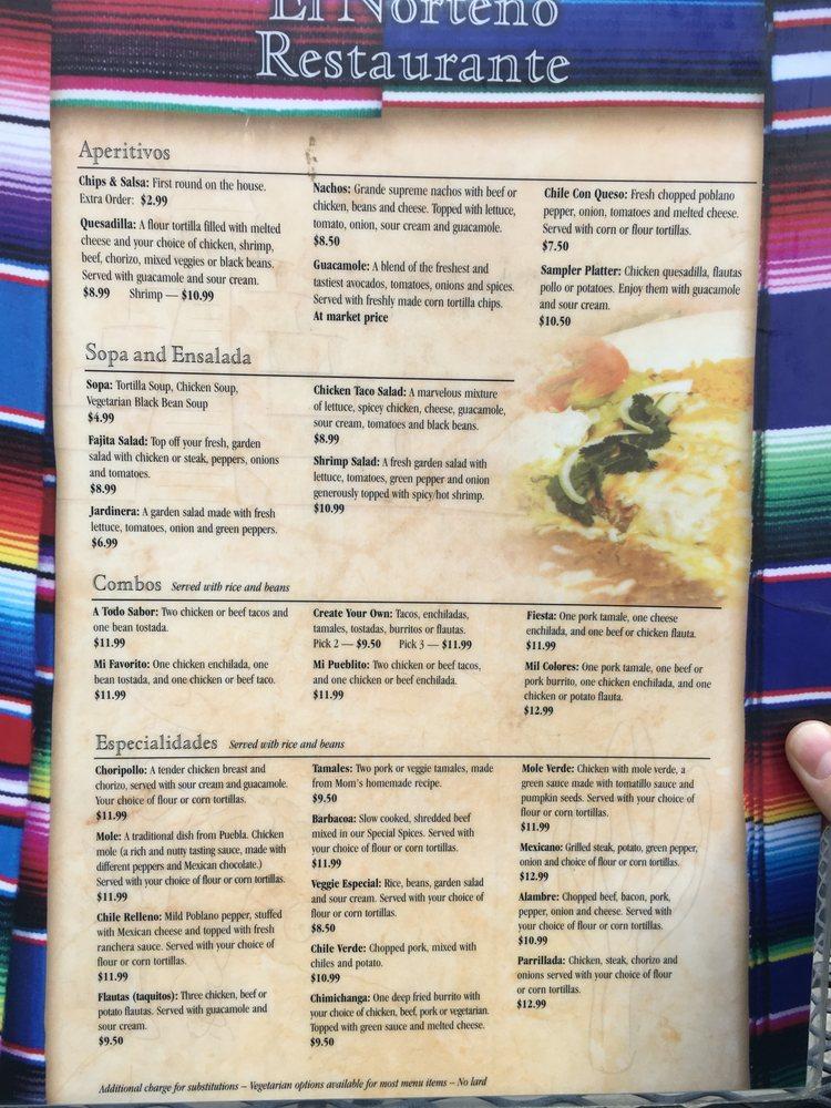 Menu at El Norteño Authentic Mexican restaurant, Minneapolis, E Lake St