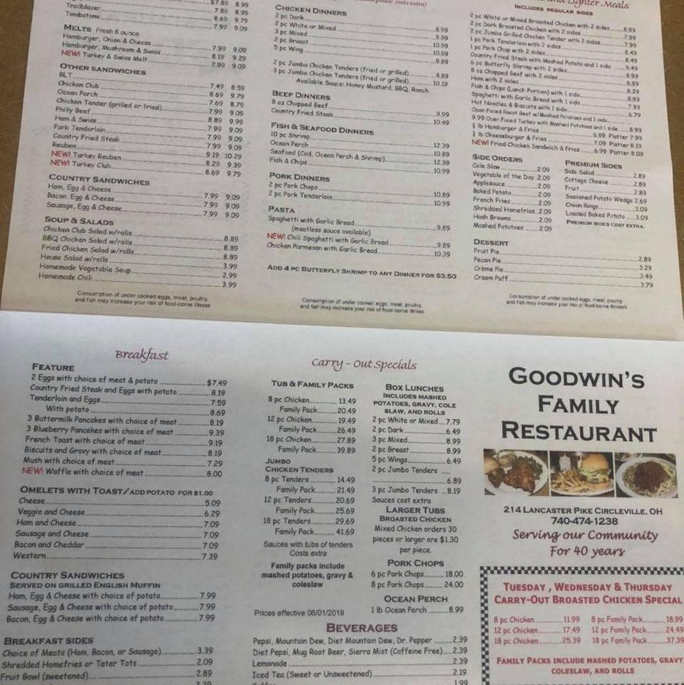 Menu at Goodwin's Family Restaurant, Circleville