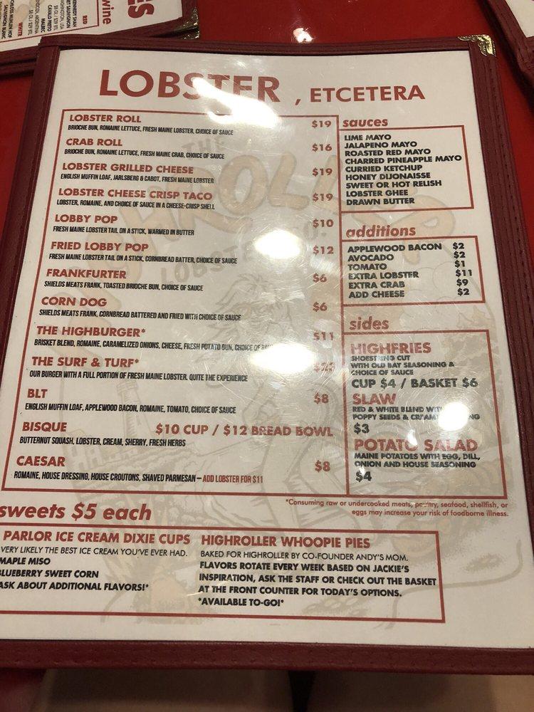 Menu at The Highroller Lobster Co. pub & bar, Portland