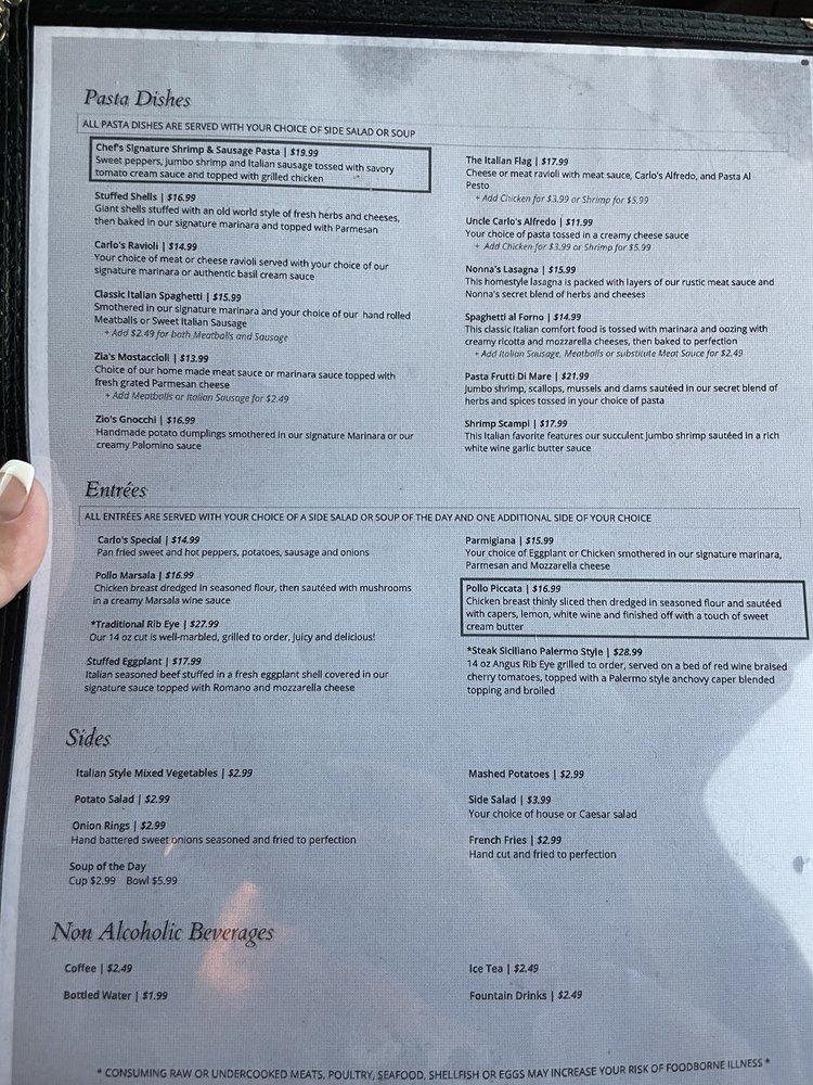 Menu at Uncle Carlo's Italian Ristorante restaurant, Lake Park