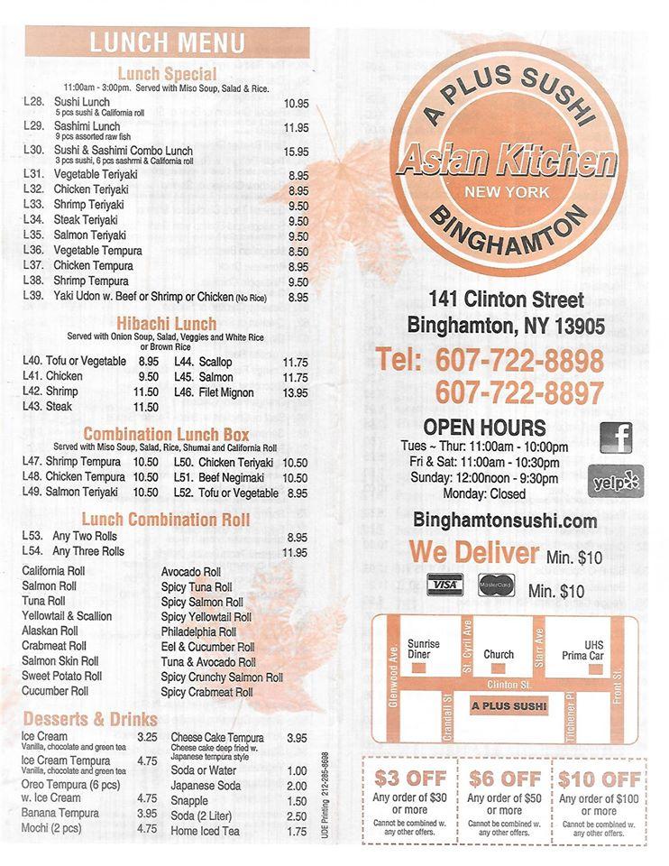 Menu at A Plus Sushi restaurant, Binghamton