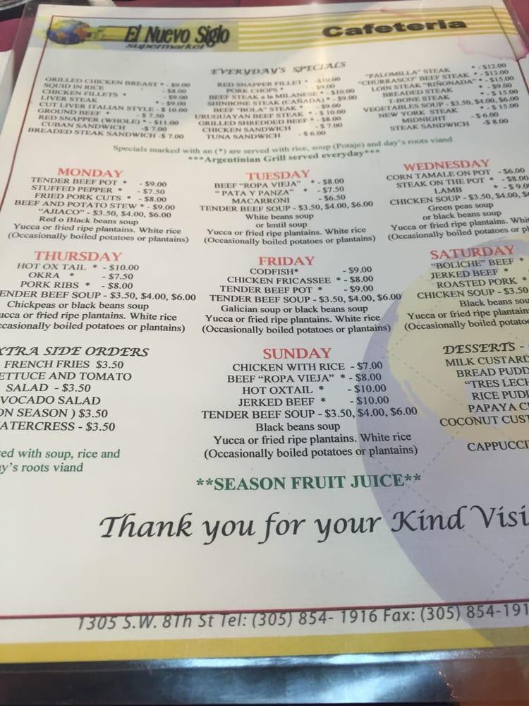 Menu at El Nuevo Siglo restaurant, Miami
