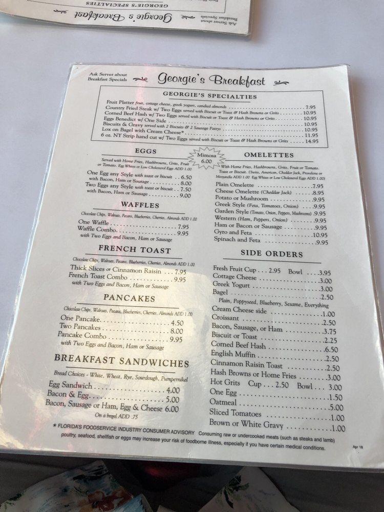 Menu at Georgie's Diner restaurant, St. Augustine