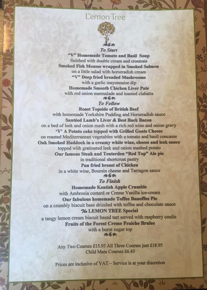 Menu at The Lemon Tree restaurant, Tenterden