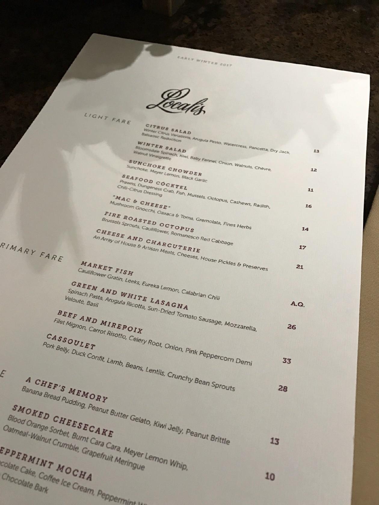 Menu at Localis restaurant, Sacramento