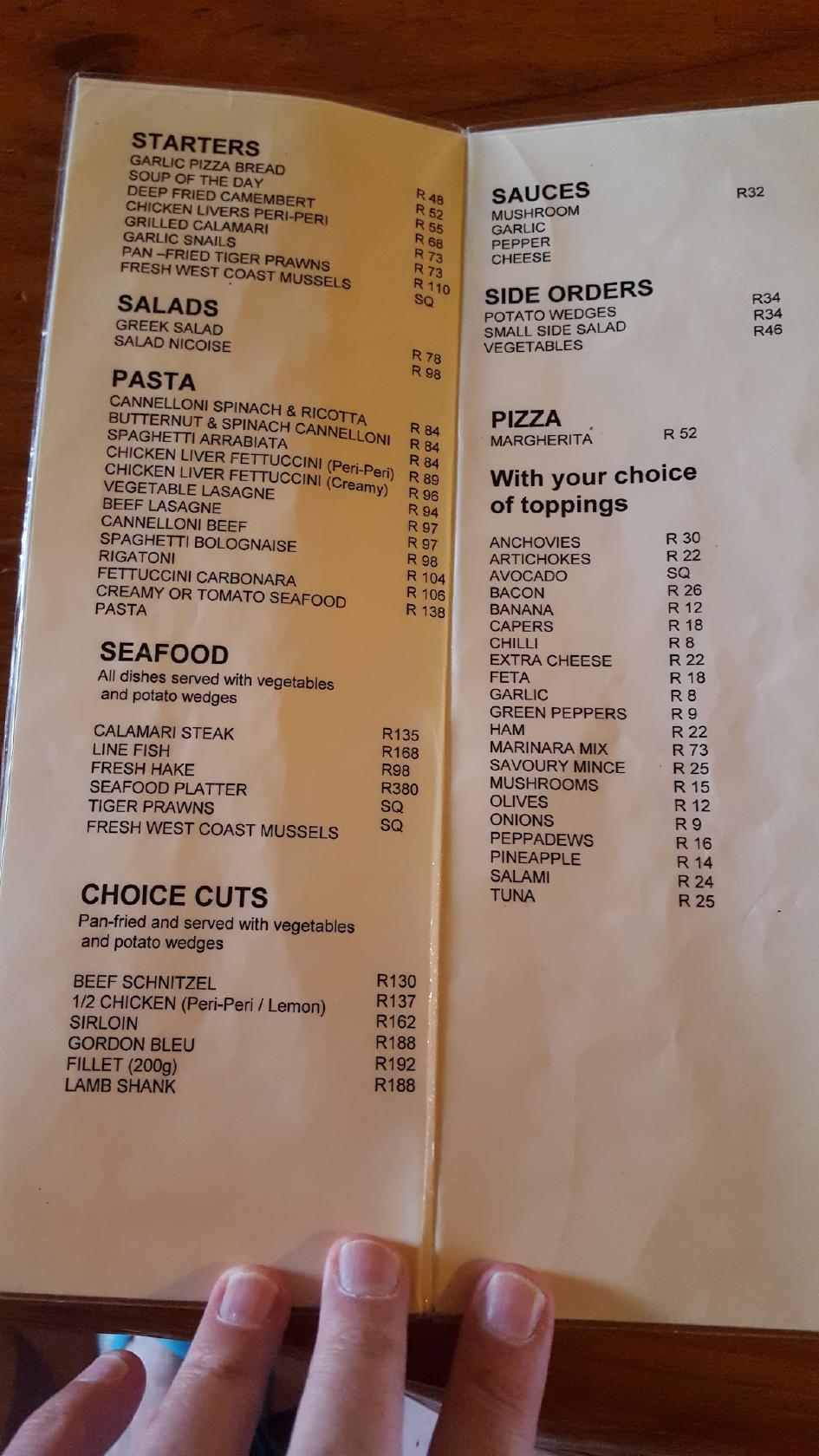 Menu au Moltenos restaurant, Onrus