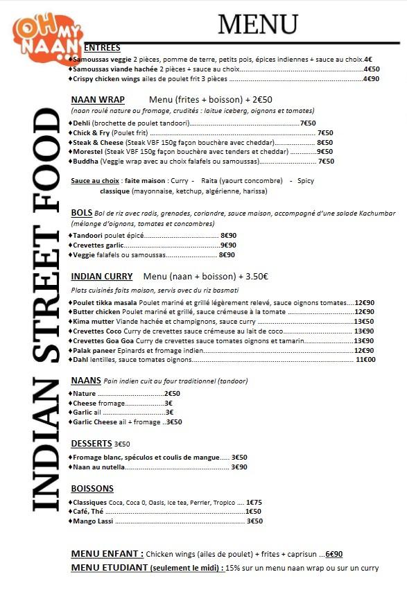 Menu au Oh My Naan restaurant, Morestel